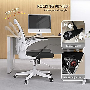 Monhey Office Chair - Ergonomic Office Chair with Lumbar Support & Flip Up Arms Home Office Desk Chairs Rockable High Back Swivel Computer Chair White Frame & Black Mesh Study Chair