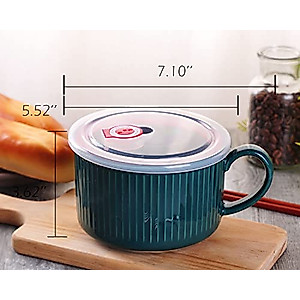 WHJY 30oz Ceramic Bowl with Lid and Handle for Soup and Instant Noodles Soup Mug, Modern Simple Style, with Heat Preservation Handle - Dark blue