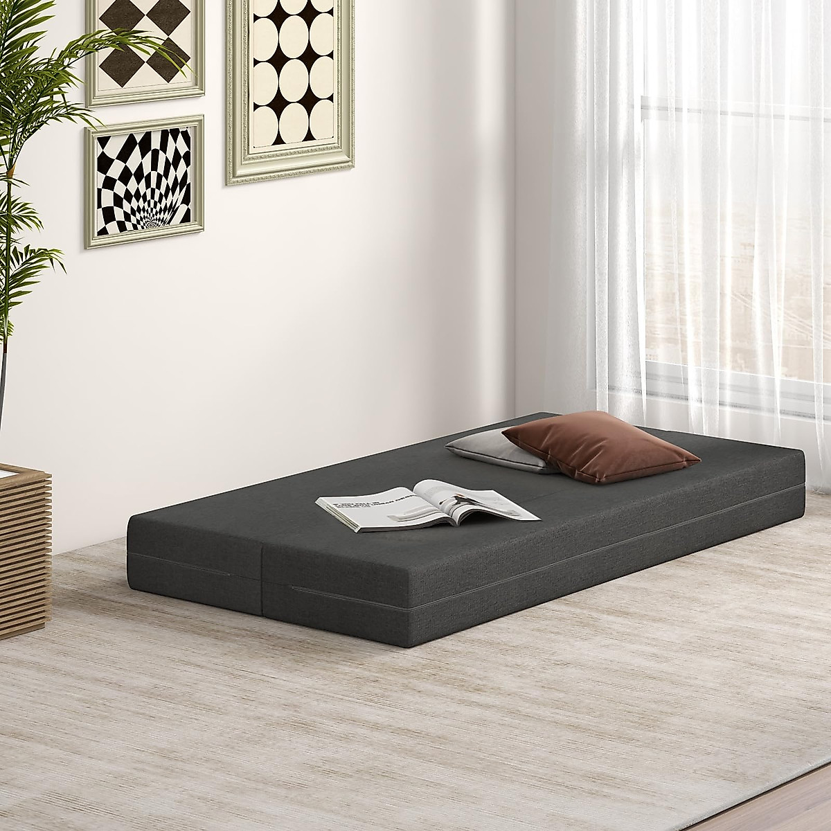 KOMFOTT Convertible Floor Sofa Bed, 8 Inch Memory Foam Mattress with Washable Cover, Fold Out Sleeper Sofa Futon Couch, Linen Fabric Floor Couch for Living Room, Bedroom, Guest Room, Dark Grey, Twin