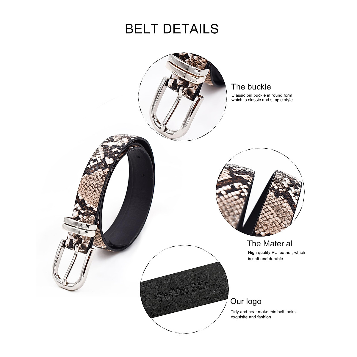 TeeYee Women Basic Waist Skinny Belt Chic Snake Skin Pattern Fashion Casual Leather Belt Pin Buckle Waist Bands for Dress Pants (43in, cobra pattern)