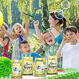 100 Pieces Bee Party Gift Bags Yellow Honey Bee Treat Bags with Handles Honey Bumble Bee Pattern Goodie Bags Plastic Candy Gift Bags for Bee Baby Shower Gender Reveal Birthday Party