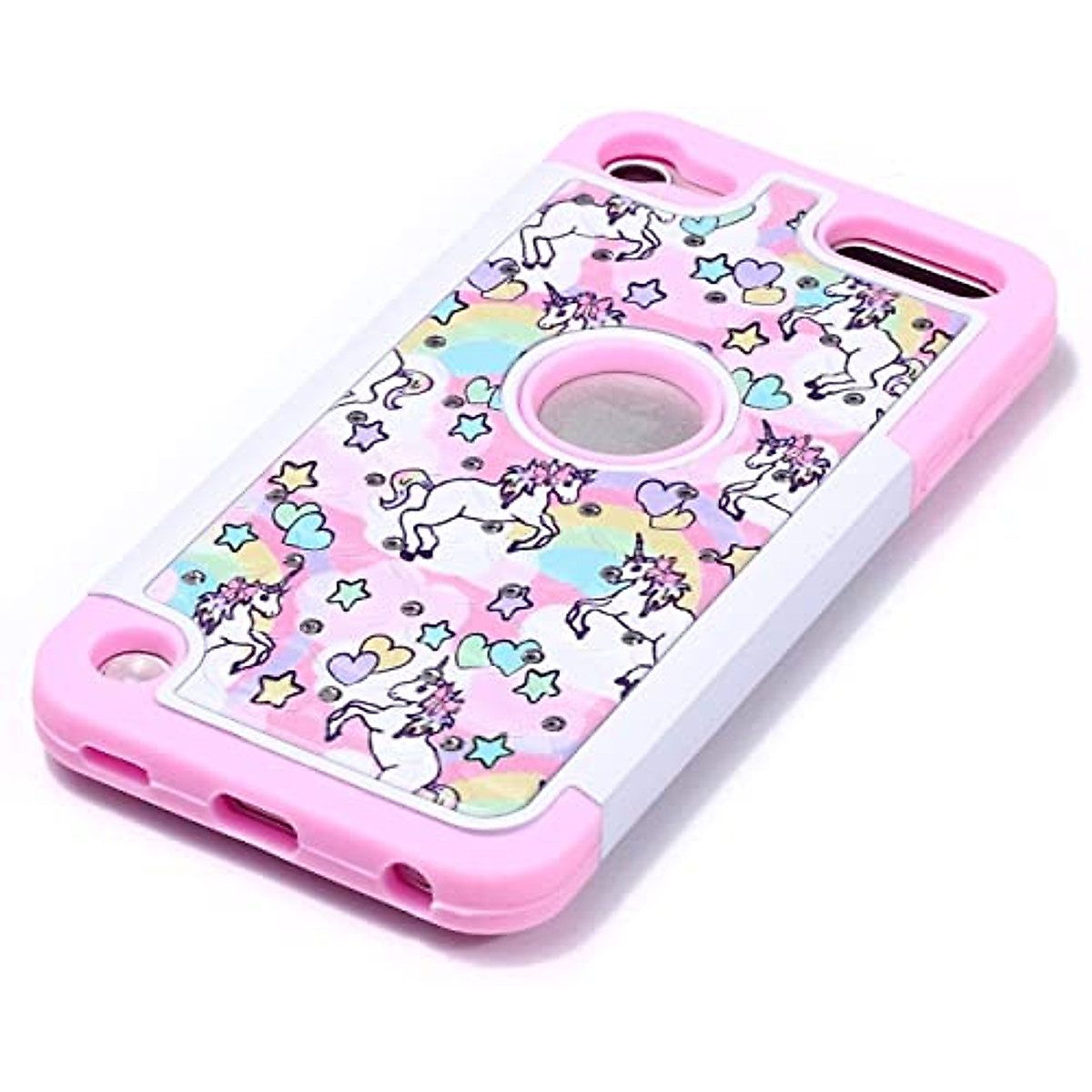 Apple iPod Touch 6,7th Case, iPod 7th Case, Rainbow Unicorn Pattern Shockproof Studded Rhinestone Crystal Bling Hybrid Case Silicone Protective Armor for Apple iPod Touch 6 7th Generation