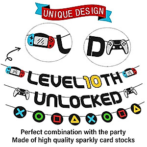 Happy 10th Birthday Banner Level 10s Unlocked Decoration Video Game Controller Level Up Theme Bday Decor for Boys Girls Children Kids Tenth Birth Anniversary Event Supplies