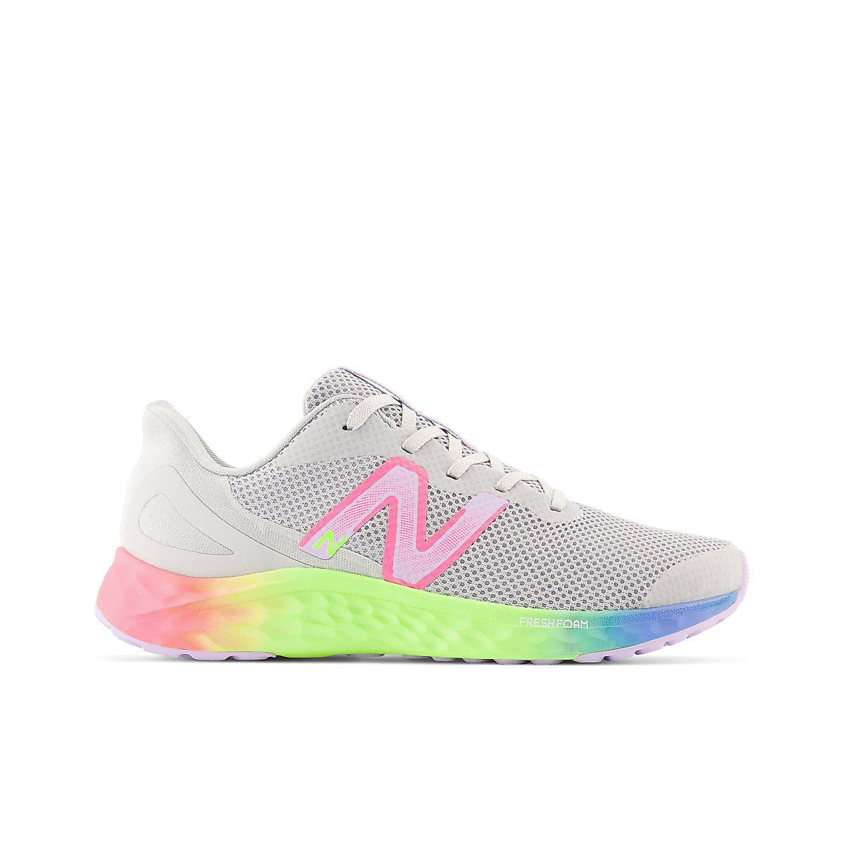 New Balance KIds Arishi Fresh Foam v4 Sneaker, LIGHT ALUMINUM/CYBER LILAC/NEON PINK, 5 M Big Kid (8-12 Years)