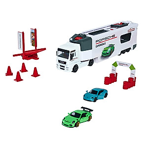 Majorette- Camión Porsche Experience 27cm, Incluye 2 Coches de Metal de 7,5cm, Partes Desplegables y Numerosos Accesorios, Adecuado A Partir de 3 Años, Color (212053304)