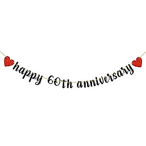 WeBenison Glitter Happy 60th Anniversary Banner, 60th Wedding Anniversary Party Banner Decor, 60th Anniversary Party Decorations Black & Red