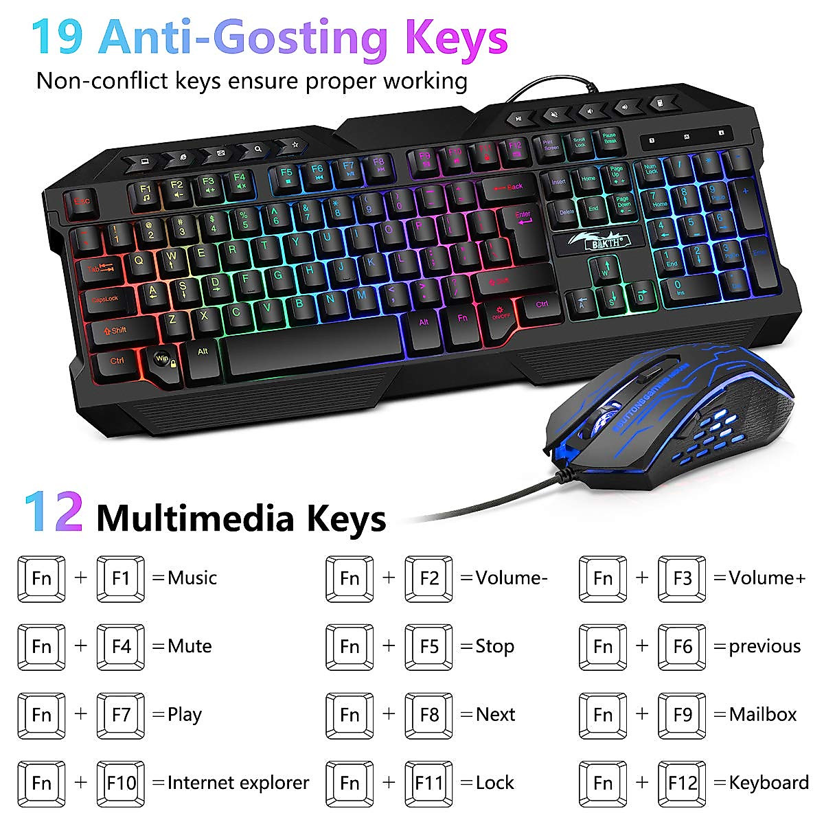 BAKTH Multiple Color LED Rainbow Backlit Wired Gaming Keyboard and Mouse Combo, USB Ergonomic Computer Keyboard with 7 Colors 3600DPI 6 Button Mouse for PC Windows Mac Game and Work