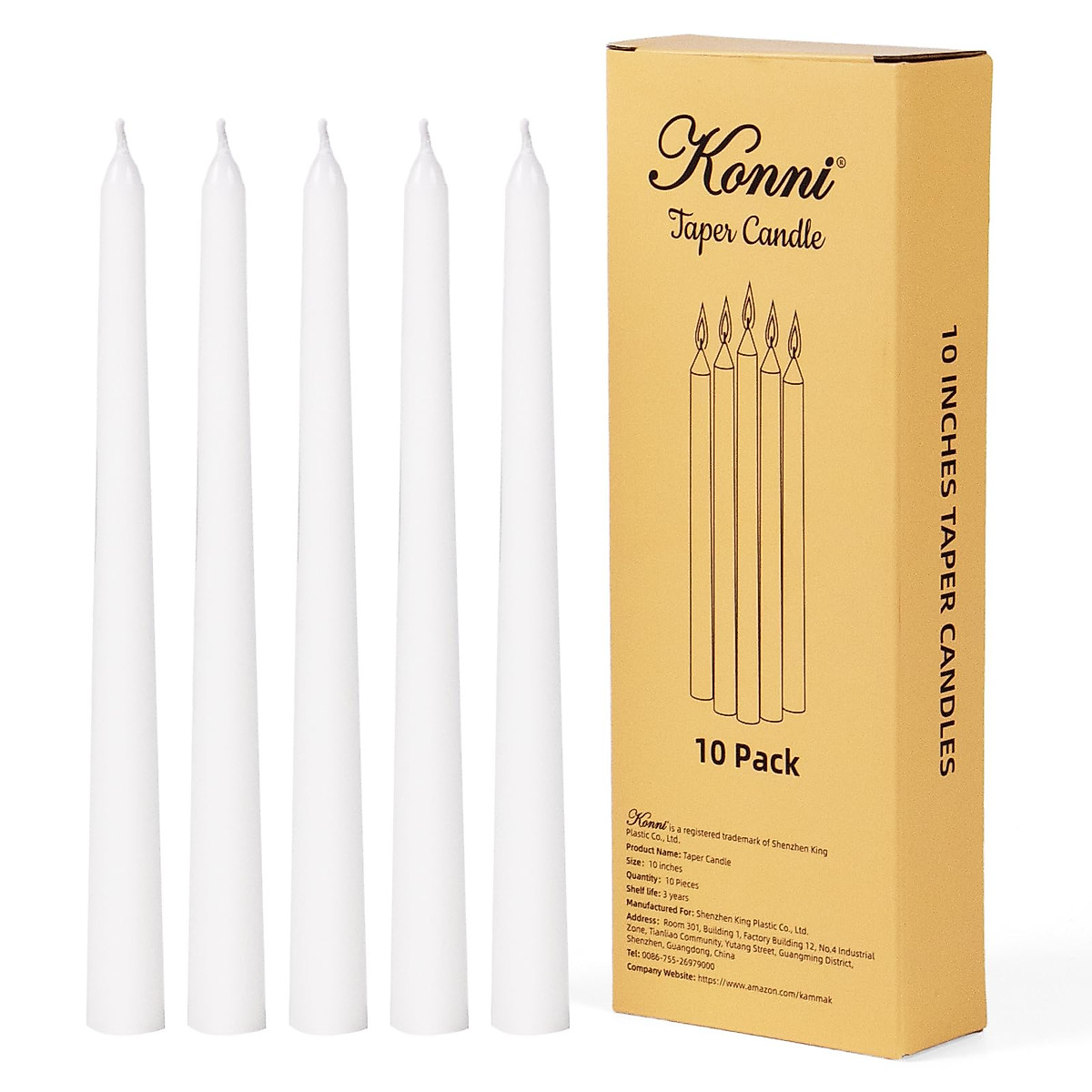 KONNI 10 Inch White Taper Candles, Unscented and Smokeless Tall Candlesticks, 10 Pack Tapered Candles with Cotton Wicks, Long Burning, Ideal for Weddings, Dinner Parties, and Home Décor