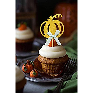 Pumpkin Cupcake Toppers Boy, Fall Theme Cake Decorations for Pumpkin Baby Shower, Birthday Party Decorations-24 Packs