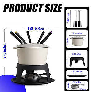Artestia Cast Iron Fondue Pot Set for Chocolate Cheese Swiss Fondue Pot Set for Meat with 6 Fondue Forks, Cheese Camping Fondue Set Serve 6 Persons(White)