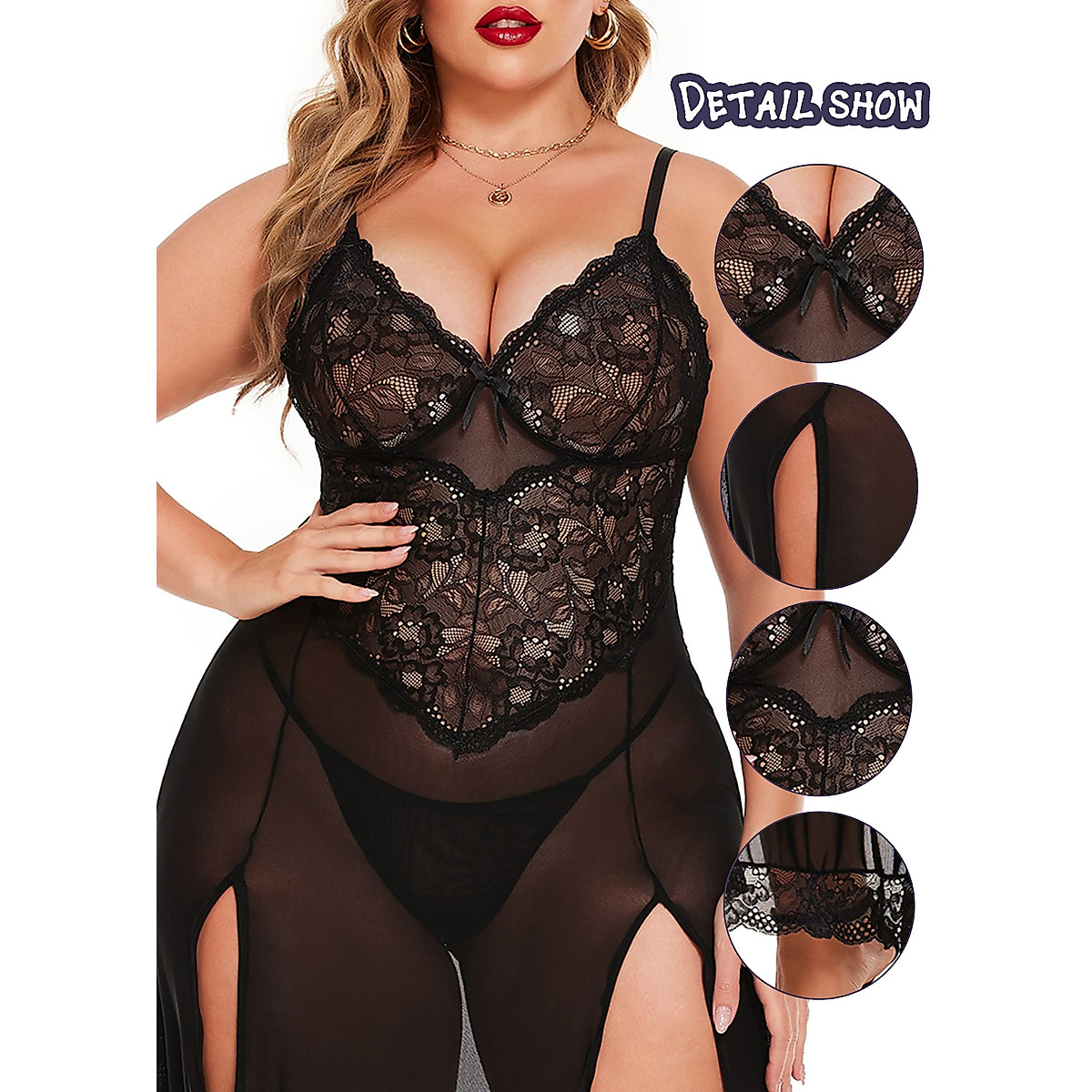 Avidlove Women's Lingerie Plus Size Split Long Mesh Lingerie Dress Babydoll Chemise Black Nightgown 5X-Large