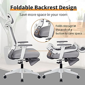 Foldable Ergonomic Office Chair, High Back Desk Chair with Footrest, Mesh Back Computer Chair with 2D Headrest, 2D Armrest, Adjustable Lumbar Support, Soft Sponge Seat, Swivel Task Chair, Gray