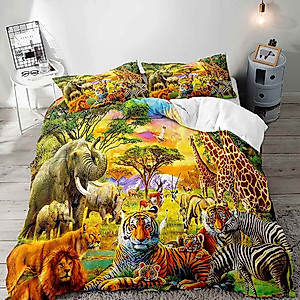 VIVIHOME 2PCS Safari Animal Duvet Cover, Twin Bedding, Boys Kids Bedding, Zoo Jungle Animal Tiger Lion Elephant Zebra Giraffe African Wildlife Wild Animal Comforter Bedspread Quilt Cover, 1 Pillowcase