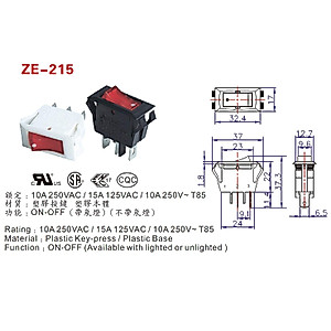 Zing Ear ZE-215 Illuminated Red Rocker Switch 120 volts 15 amps for Heater