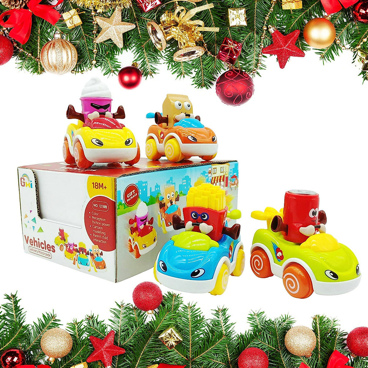 LUKAT Cars Toys for 1 2 3 Year Old Boys and Girls, Push and Go Friction Powered Vehicles Toy Set of 4 Baby Cars