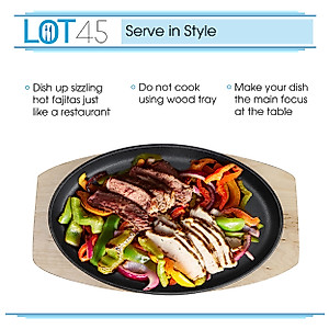 Lot45 Cast Iron Fajita Sizzling Pan- 10in Hot Dish Sizzling Plate Serving Platter with Wooden Base Plate, Steak Skillet