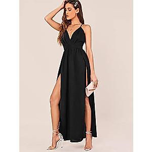 Floerns Women's V Neck Spaghetti Strap Backless Split Cocktail Party Maxi Long Dress A Black M