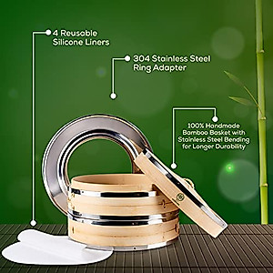 Bamboo Steamer Basket - 10 Inch 2 Tier Vegetable Steamer w/Stainless Steel Ring & 4 Silicone Liners, Dumpling Steamer for Steaming Food