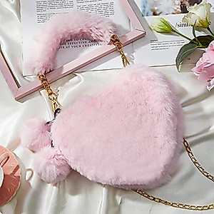 Saintrygo 2 Pieces Valentine's Day Heart Shaped Purse Faux Fur Shoulder Bag Soft Fluffy Handbags for Women Girls Valentines Day Cute Present with Chain