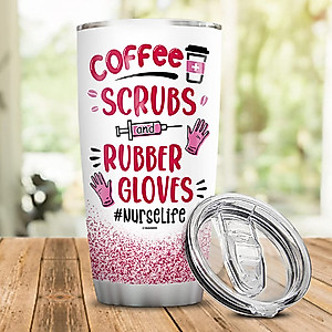 Wassmin Personalized Coffee Scrubs Rubber Gloves Nurse Life Stethoscope Tumbler Cup With Lid Vacuum Insulated Travel Mug 20oz 30oz Birthday Christmas Week Appreciation Gift Nurses Nursing (Pink 2)