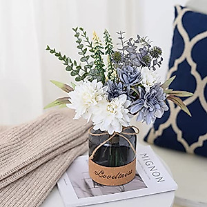 MEGLORYA Fake Flowers Blue White Hydrangea Artificial Flowers with Vase, Farmhouse Coffee Table Decor, Faux Silk Flowers for Home Dining Table Decorations, Boho Bathroom Plant Decor