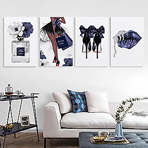 Yamaxun ART Fashion Art Blue Silver Prints Illustration African American Gray Navy Perfume Dripping Lips High Heels Wall Art Decor Set of