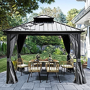 YITAHOME 10x10ft Hardtop Gazebo with Nettings and Curtains, Heavy Duty Double Roof Galvanized Steel Outdoor Combined of Vertical Stripes Roof for Patio, Backyard, Deck, Lawns, Gray