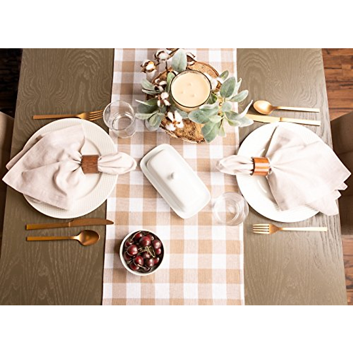 DII Heavyweight Fringed Check Tabletop Collection, Table Runner, 14x72, Stone Brown