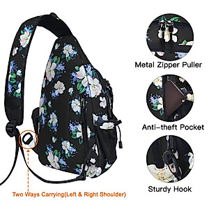 MOSISO Sling Backpack, Myrtle Flower Crossbody Travel Hiking Daypack Chest Bag with Anti-theft Pocket, Black