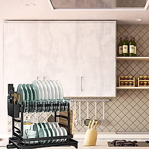 Hovshelf Dish Racks for Kitchen Counter, Dish Drying Rack with Drainboard, 2 Tier Dish Drainers for Kitchen Counter(Black)