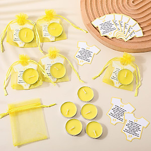 Roowest Candles Favors for Guests, 50 Sets Yellow Unscented Tea Light Candle Decorations with Thank You Cards Organza Bags for Girl Boy Baby Shower Gender Reveal Party Favors