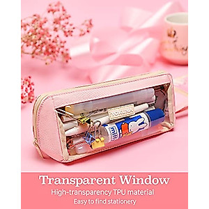 YOKUMA Clear Aesthetic Pencil Case Pouch Cute Kawaii Mark Pen Case Organizer Transparent Colored Large Capacity Makeup Bag for Girls Teen College Students Adults, Back to School Supplies (Pink)