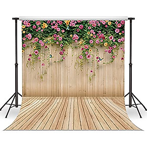 WOLADA 10x10FT Flower Wall Backdrop Spring Backdrop Spring Floral Photo Backdrop Brown Wood Plank Flower Wall Photography Backdrop Girl Birthday Party Wedding Shower Photography Background 8909