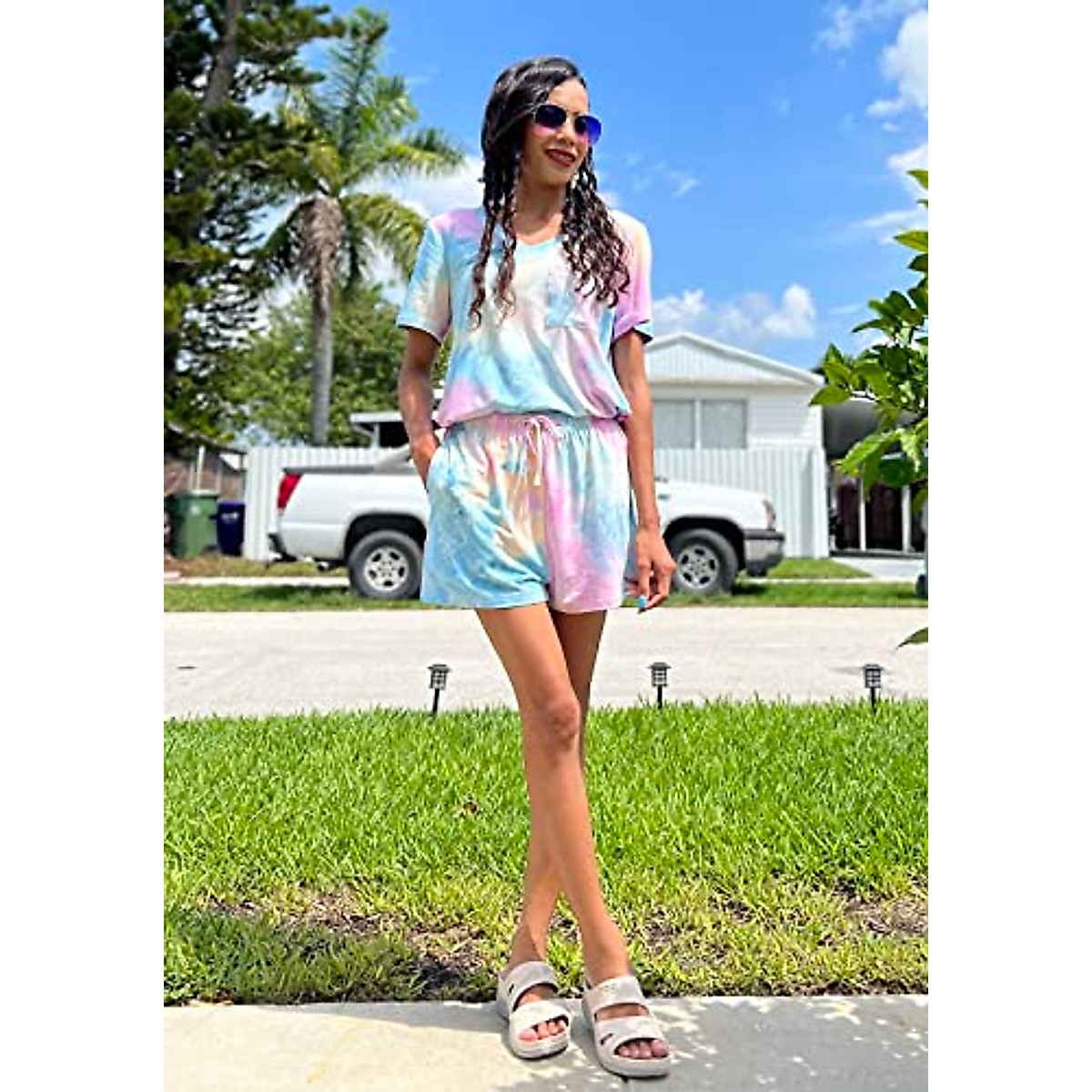 RUBZOOF Pajama Sets for Women Tie-dye Casual Soft Short Sleeve Summer Lounge Sets Sleepwear Tie-dye-B XL