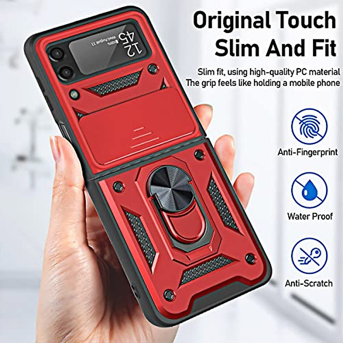 ONOLA for Galaxy Z Flip 3 Case with Slide Camera Cover, with 360°Rotate Ring Magnetic Kickstand Military Heavy Duty Protective Case for Samsung Galaxy Z Flip 3 5G (Red)