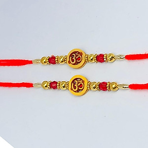 ZYRENA Rakhi for Brother Bhaiya Bhabhi, Gift Rakhi for Family, Raksha Bandhan Festival Rakhi for Bhaiya and Bhabhi, Round Om Pendant with Red-Golden Beads and Rings Rakhi Thread, Pack of 2