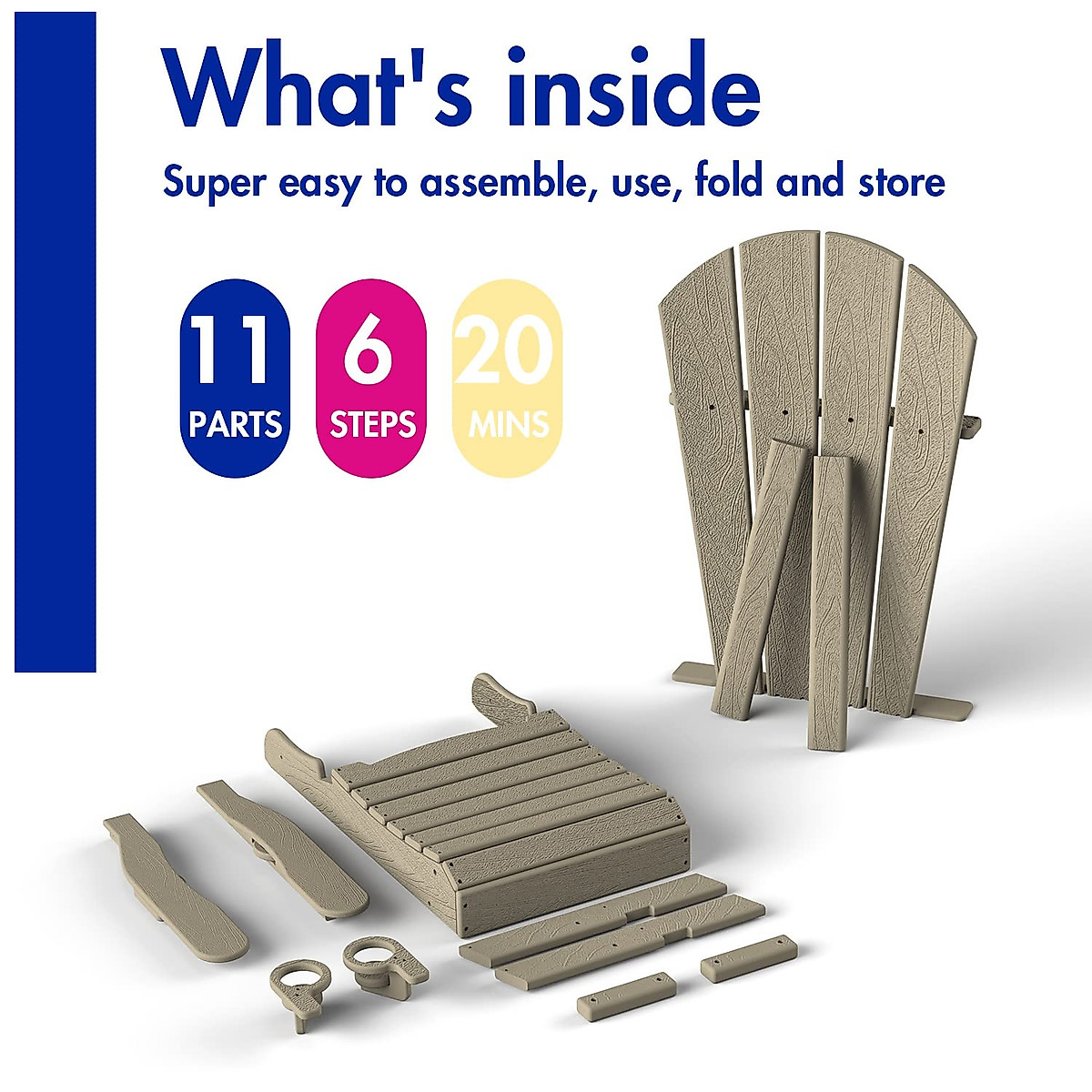 BRIOPAWS Folding Adirondack Chair with Adjustable Backrest & Ottoman, Wood Texture All-Weather HDPE Outdoor Chairs w/Cup Holders & Retractable Footrest for Poolside, Fire Pit, Campfire, Light Brown