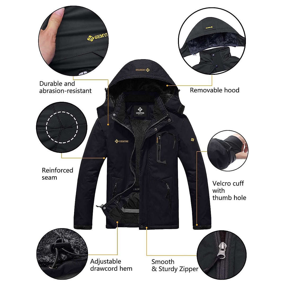 GEMYSE Men's Mountain Waterproof Ski Snow Jacket Winter Windproof Rain Jacket (Black,Small)