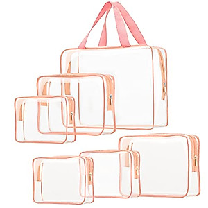 6pcs Clear Cosmetic Bags, TSA Approved Toiletry Bag Set Crystal Clear Travel Bag Organization PVC, Clear Makeup Bags Luggage Pouch Carry on Airport Airline Compliant Bag with Zipper Handle Women Men