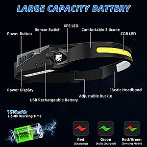 Headlamp Rechargeable 3Pack, LED Headlamp Flashlight with Motion Sensor, 230° COB Wide Beam Head Lamp, 5Mode Head Lights for Forehead Waterproof, Bright Headlamps for Adults Hardhat Running Camping