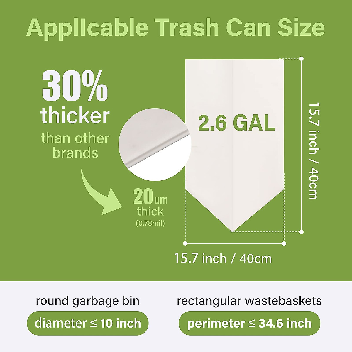 Biodegradable trash bags, 2.6 Gallon, 100% Compostable garbage bags wastebasket liners bags for kitchen bathroom office garden,US BPI ASTM D6400 and Europe OK Compost Home Certified