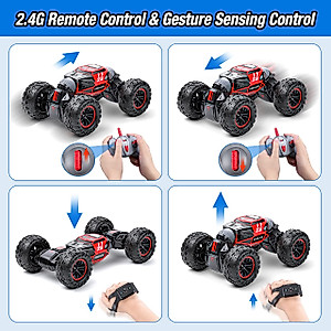 Powerextra Remote Control Car, Gesture Sensing RC Car, 4WD Transform Off Road Crawler, All Terrains Toy Stunt Car with Two Batteries, 50+ Mins Play Time for 6-12 Year Old Boys & Girls
