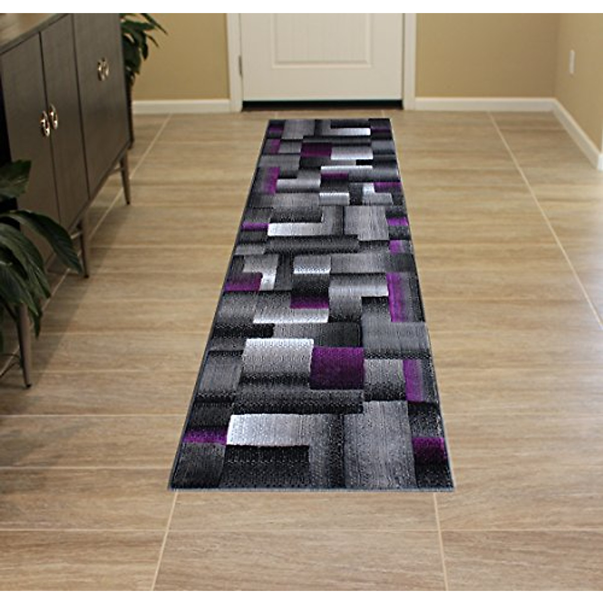Masada Rugs, Modern Contemporary Runner Area Rug, Purple Grey Black (2 Feet X 7 Feet)