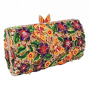 Boutique De FGG Flowers & Butterfly Women Crystal Clutch Evening Bag Wedding Party Rhinestone Handbags (Small,Orange Purple)