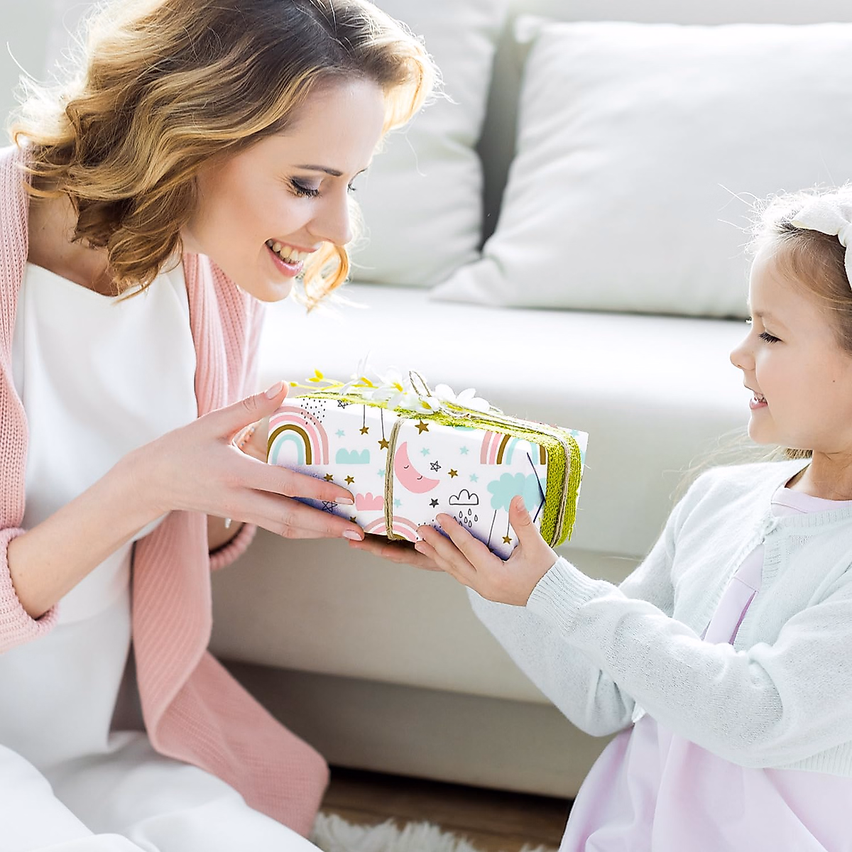 MAMUNU 6 Sheets Gift Wrapping Paper, Pink and Gold Folded Wrapping Paper with Heart, Bunny, Rainbow, Flamingo and Crown Designs for Women Girls Kids Birthday, Valentine's Day, Wedding, Baby Shower 50x70CM