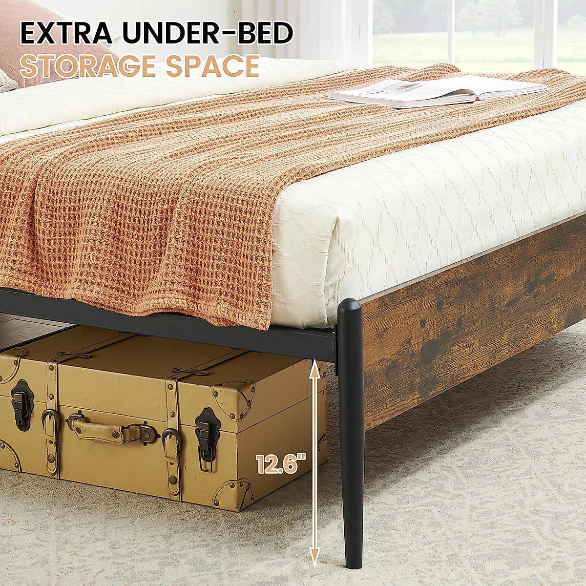 IDEALHOUSE Full Size Metal Bed Frame with Wooden Headboard and Footboard, Platform Full Bed Frame with Under Bed Storage, Strong Metal Slat Support, No Box Spring Needed, Brown