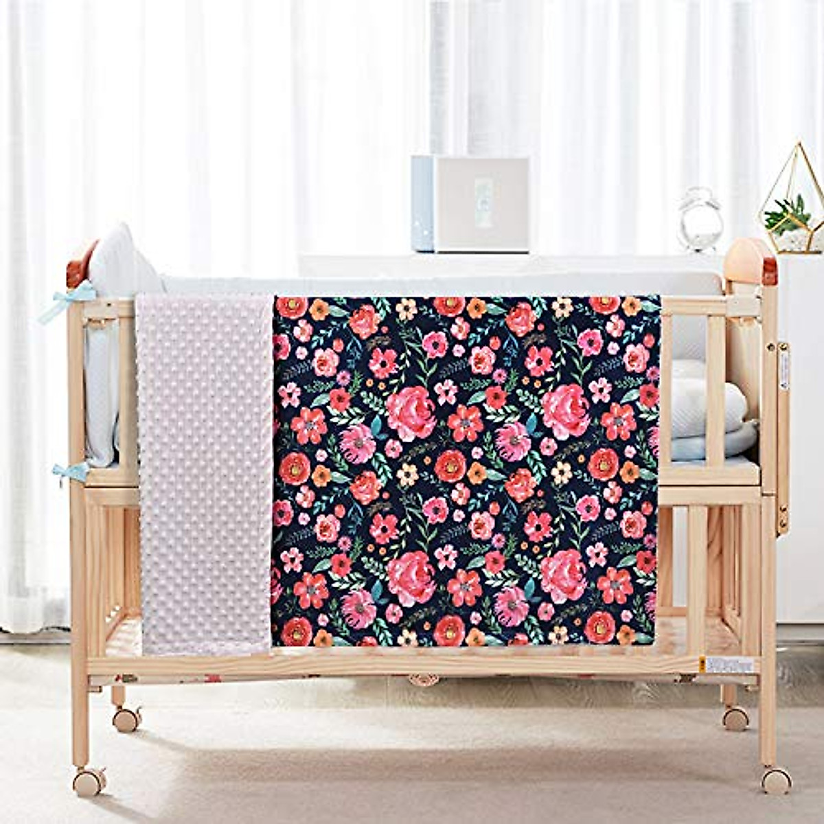 HOMRITAR Baby Blanket for Girls Super Soft Double Layer Minky with Dotted Backing, Elegant Receiving Blanket with Pink Floral Multicolor Printed Blanket 30 x 40 Inch(75x100cm), Navy Blue