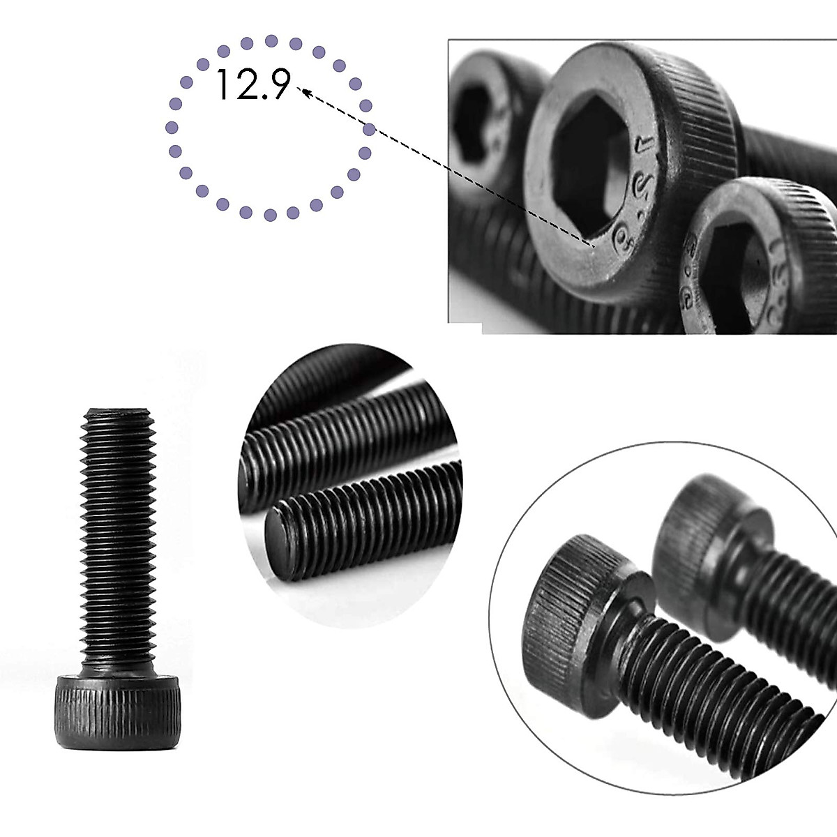 5 Pcs M12-1.75 x 60mm Carbon Steel Hex Drive Class 12.9 Column Socket Cap Screw.