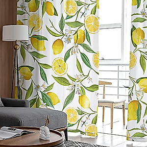 AMZRicher Lemon Sheer Curtains 72 Inch Length 2 Panels Set, Summer Garden Fruit Lemon Slice and Leaves Semi Transparent Voile Rod Pocket Curtains for Living Dining Room Bedroom Drapes