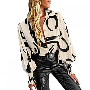 Button Down Shirts for Women Collared Long Lantern Sleeve Loose Fall Blouse Patterned To Wear with Leggings Boho Print Casual Tunic Tops Hawaiian Autumn Elastic Sleeve Summer Graffiti Beige